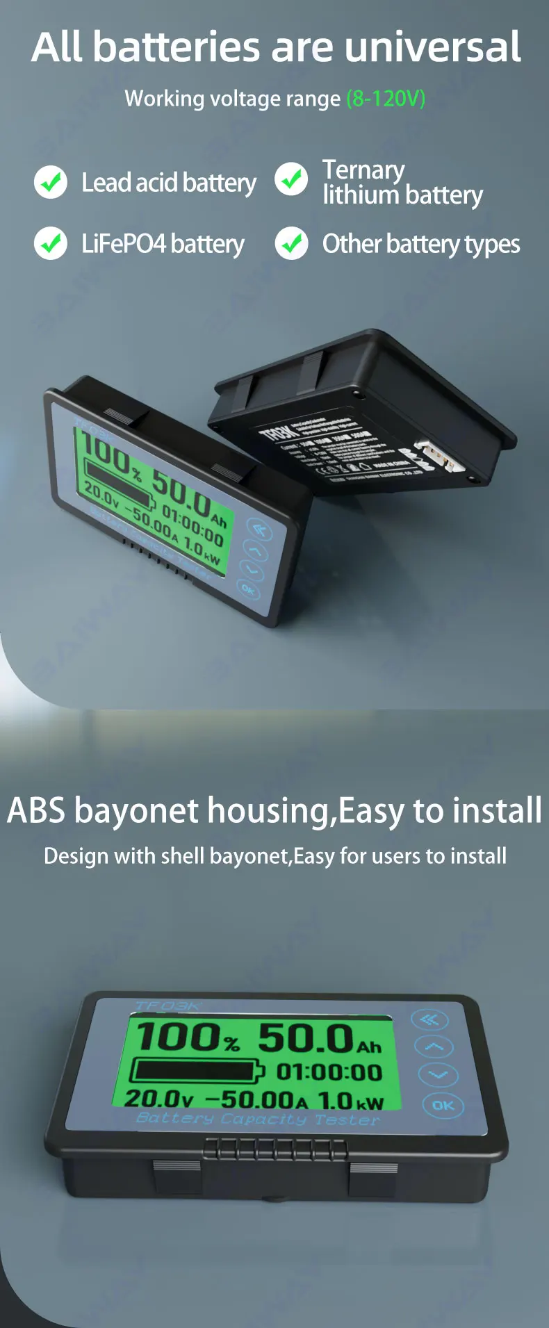 Baiway Tf03k 8-120v 350a High-precision Battery Meter Tester Monitor ...