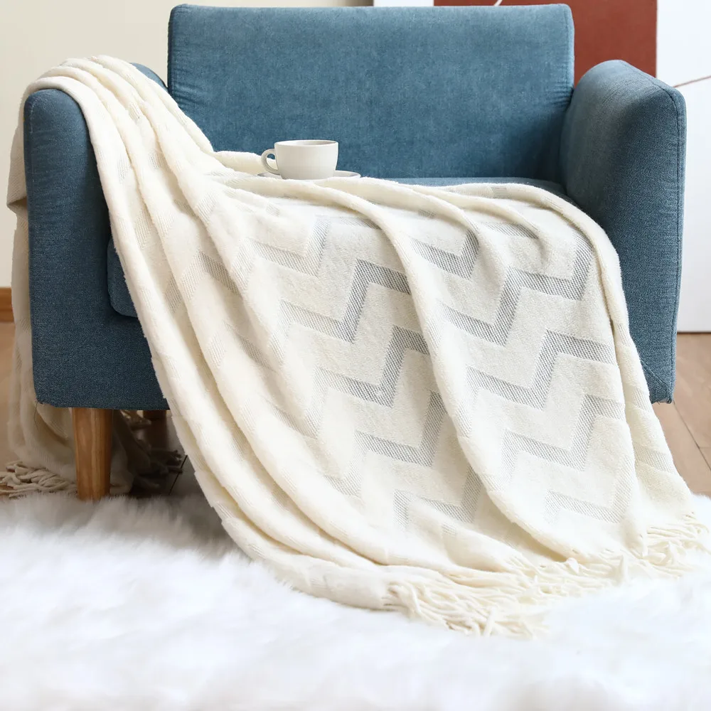 Nordic Tassel Trim Blue Throw Neutral Colors Throw Blanket For Couch ...