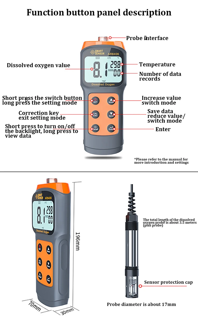 HEDAO Smart Sensor AR8406 - Accurate DO Meter for Water Quality