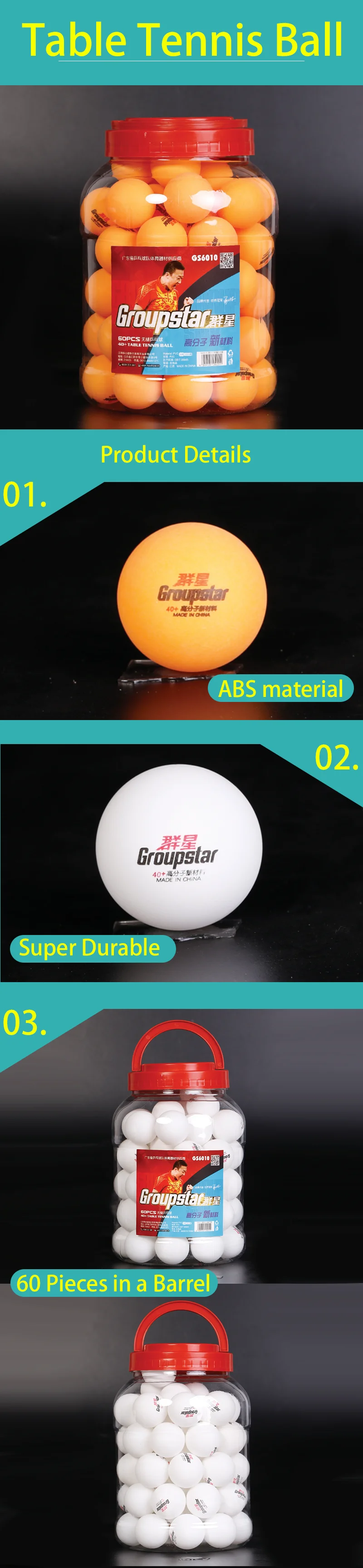 60-Pack 3-Star Table Tennis Balls - Eco-Friendly ABS Ping Pong Balls ...
