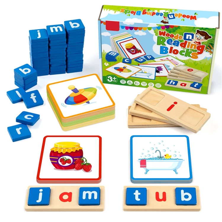 Wooden Reading Block Vowel Letter Shortting Spelling Game