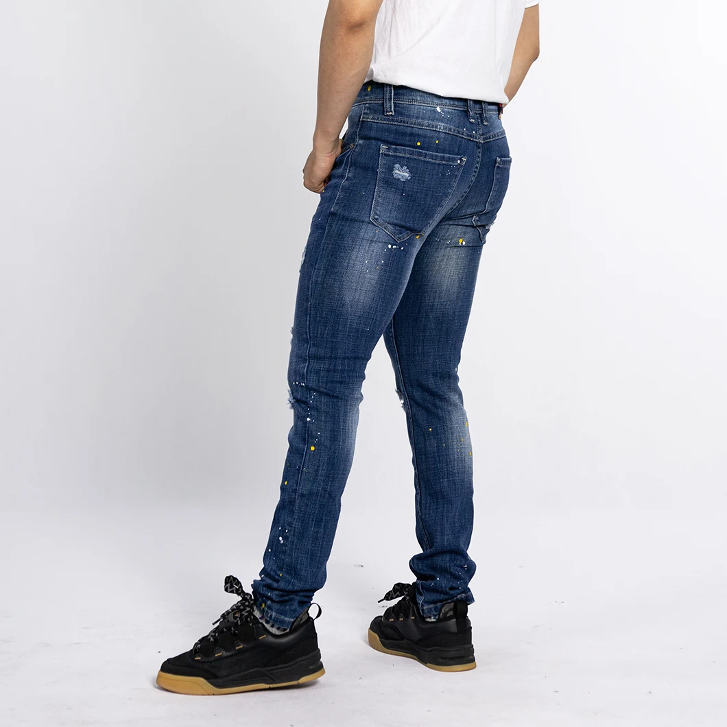 Blue Denim High Quality Dip Ripped Slim Jeans Men Designer High Street ...