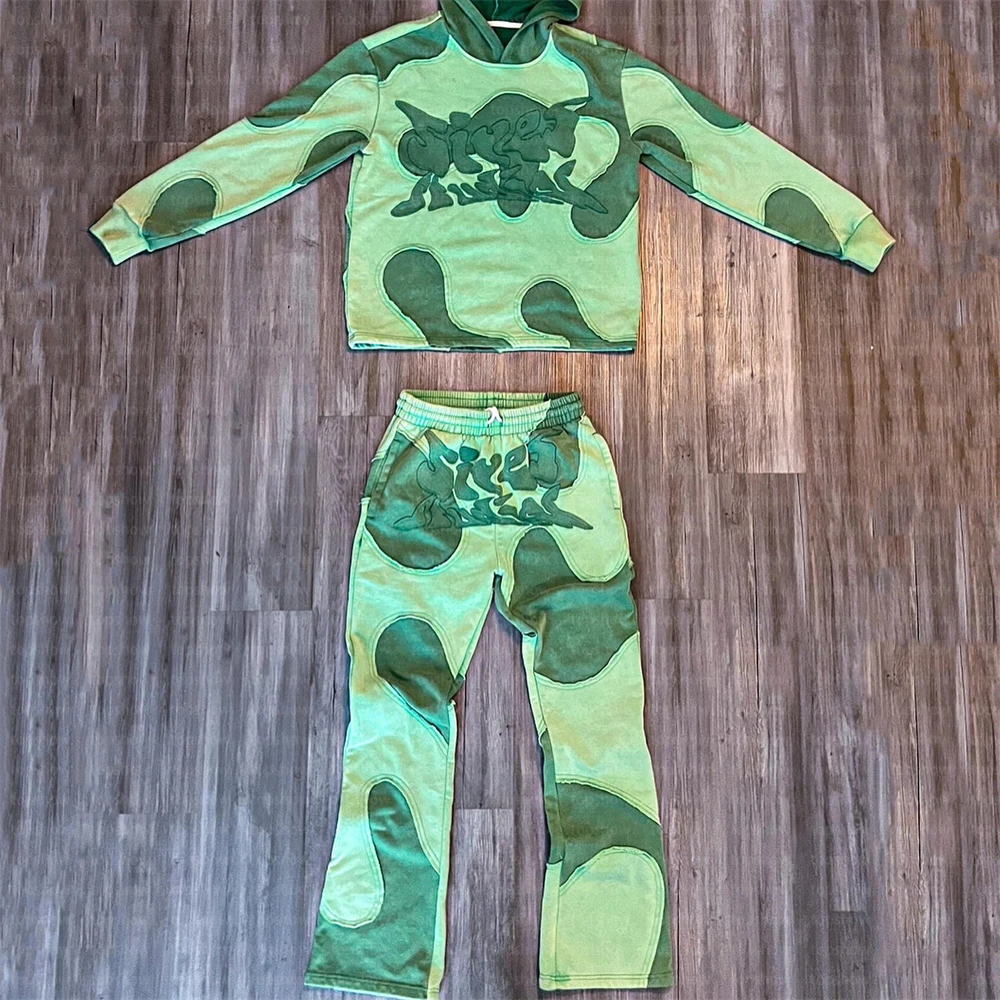 Custom Men Heavyweight Cotton Patchwork Sweatsuit Distressed Acid Wash ...