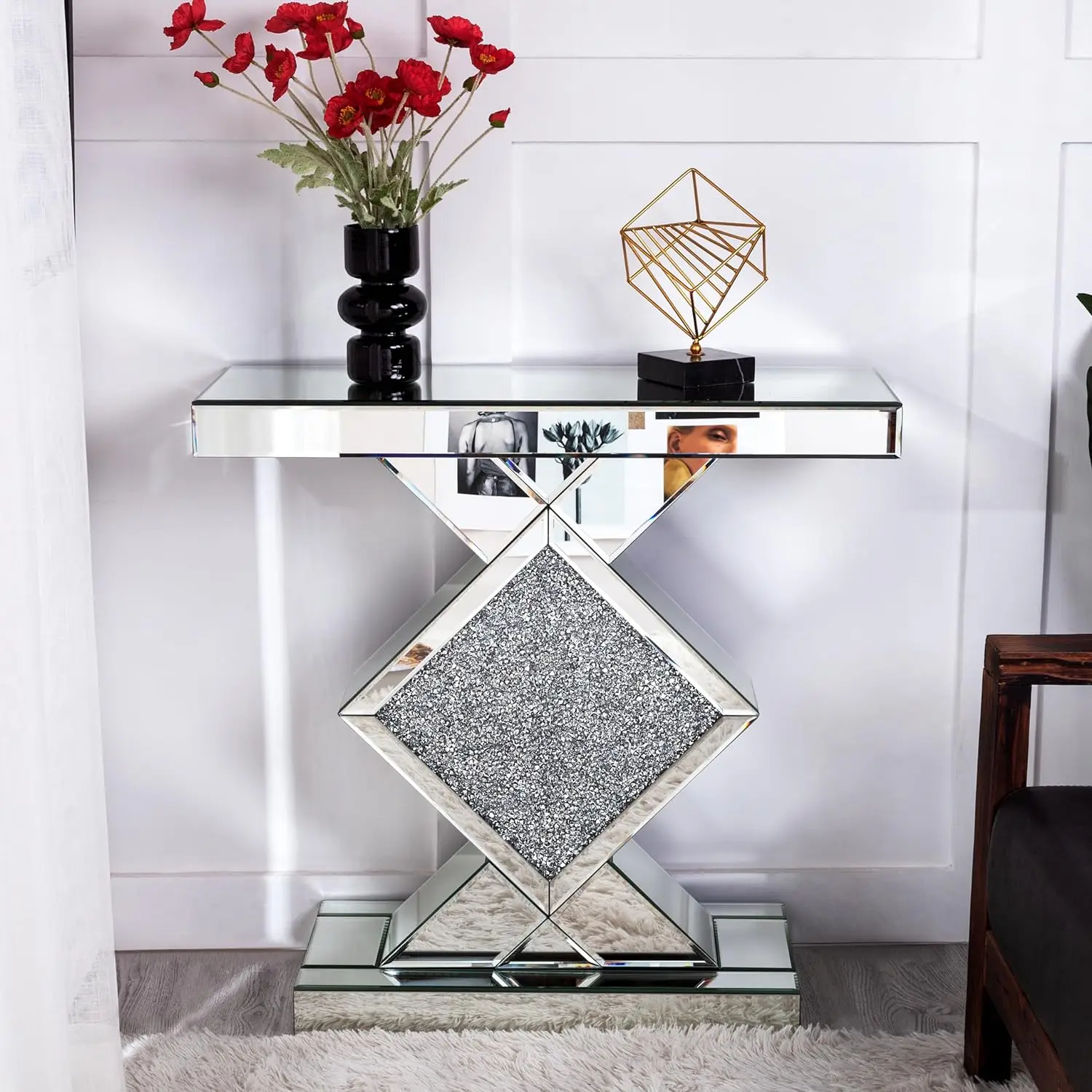 Living Room Mirrored Console Table Sparkle Crystal Hallway Table ...