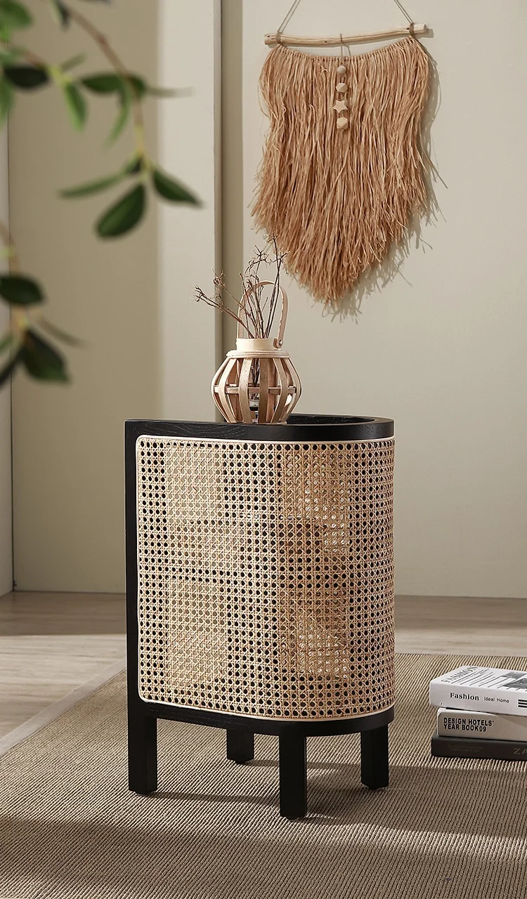 Japanese Style Solid Wood Rattan Bedside Table and Side Cabinet Locker