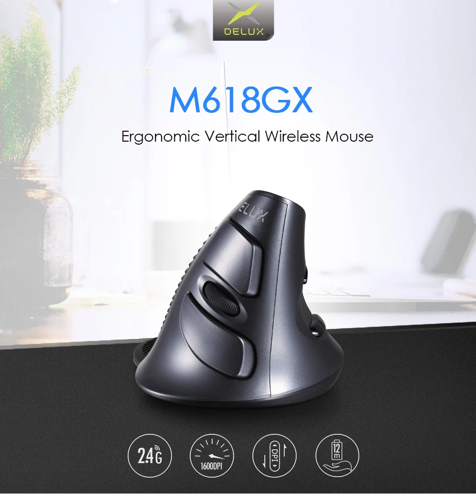 M618 GX Ergonomic Vertical Wireless Mouse - 6 Buttons, 1600DPI