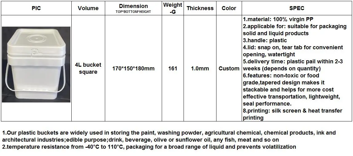 Costumed 1 Gallon Plastic Square Bucket Food Grade 4 Liter Square ...