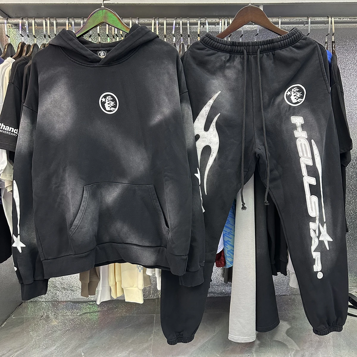 Top Quality Hellstar Sweatpants And Hoodie Set Tracksuits Acid Wash Vintage Retro Clay Print ...