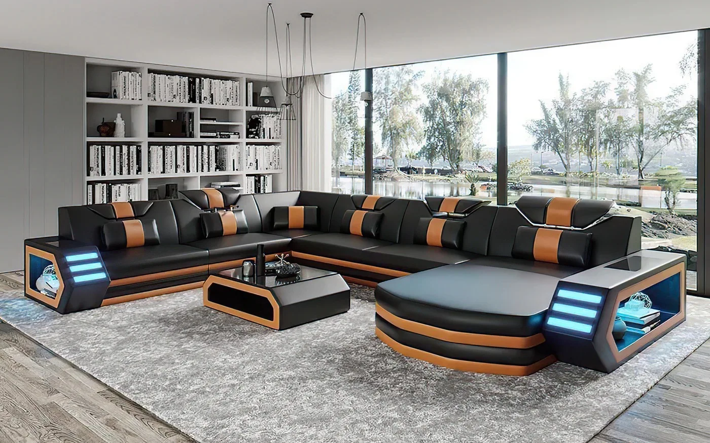 Luxury Leather Sofa with LED Light Music Player for Living Room