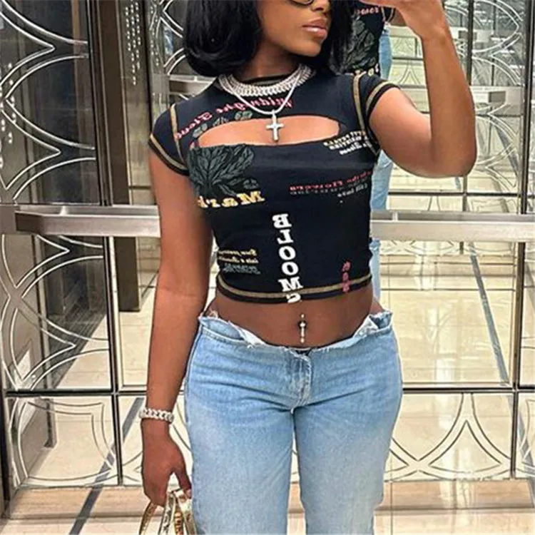 Black Garphic Print T Shirt Night Clubwear for Women 2024 Summer Short ...