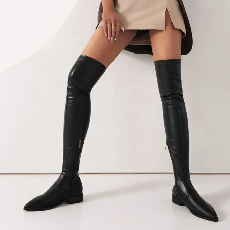 Stretch Skintight Women Flat Long Boots Pointed Toe Over Knee High ...