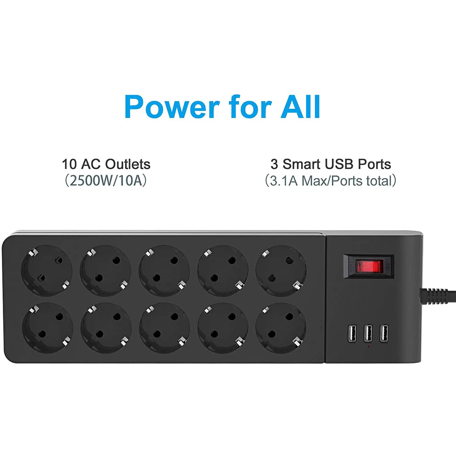 Socket Strip, Multiple Socket With 10 Slots and 4 USB, EU Plug With ...