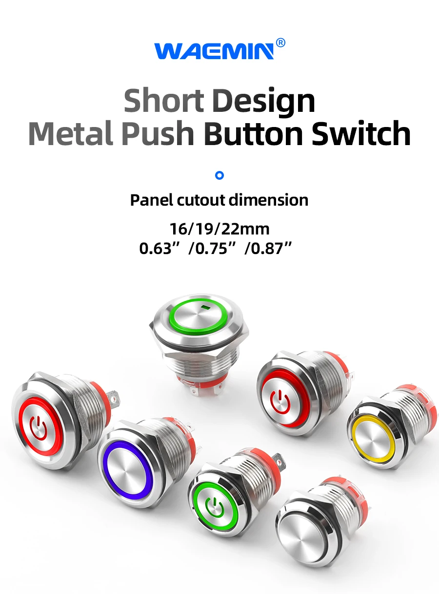 High Quality 16/19/22mm 12V Waterproof IP65 Push Button Switches