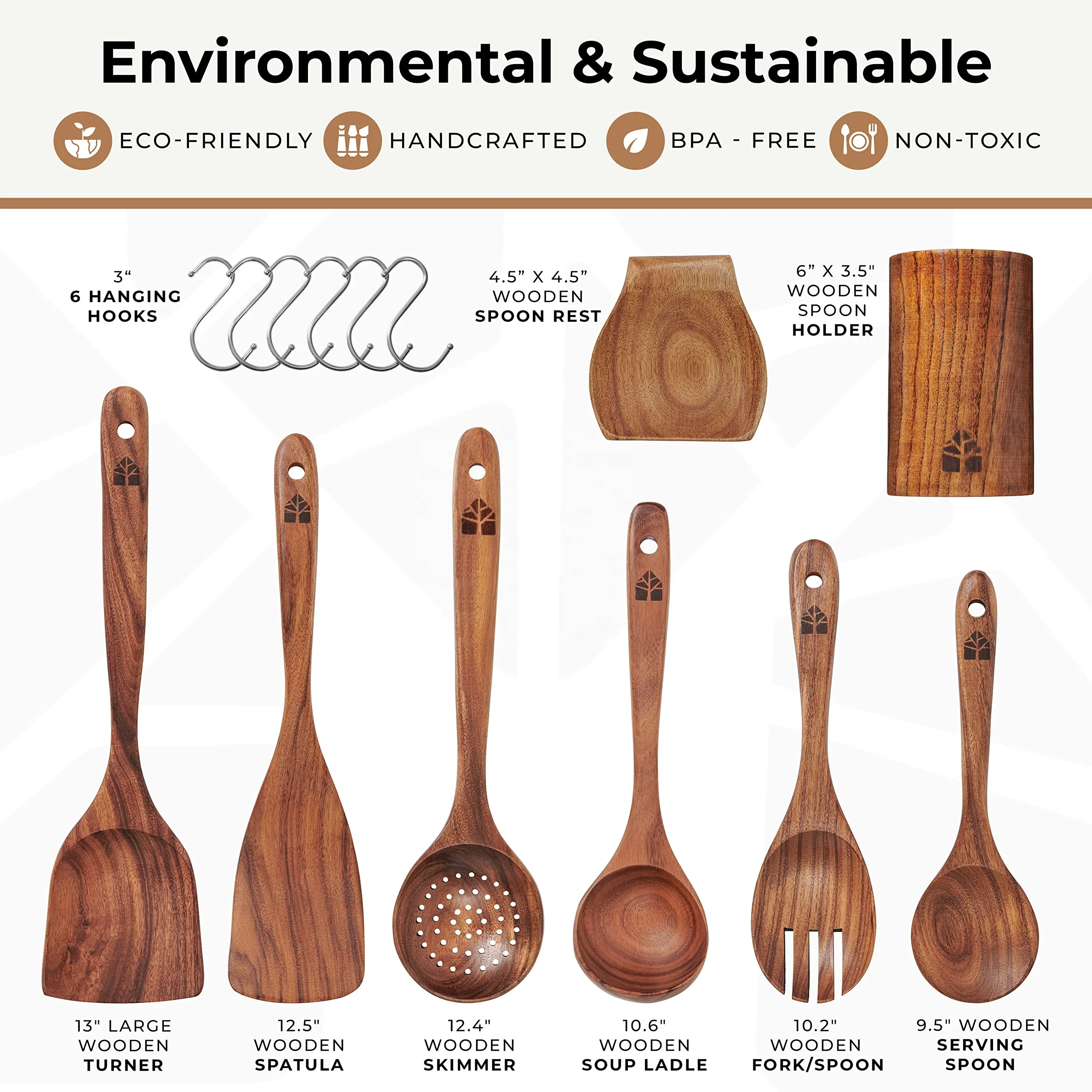 Natural Teak Wooden Spatulas Kitchen Ladles Utensils Acacia Wood Handle ...