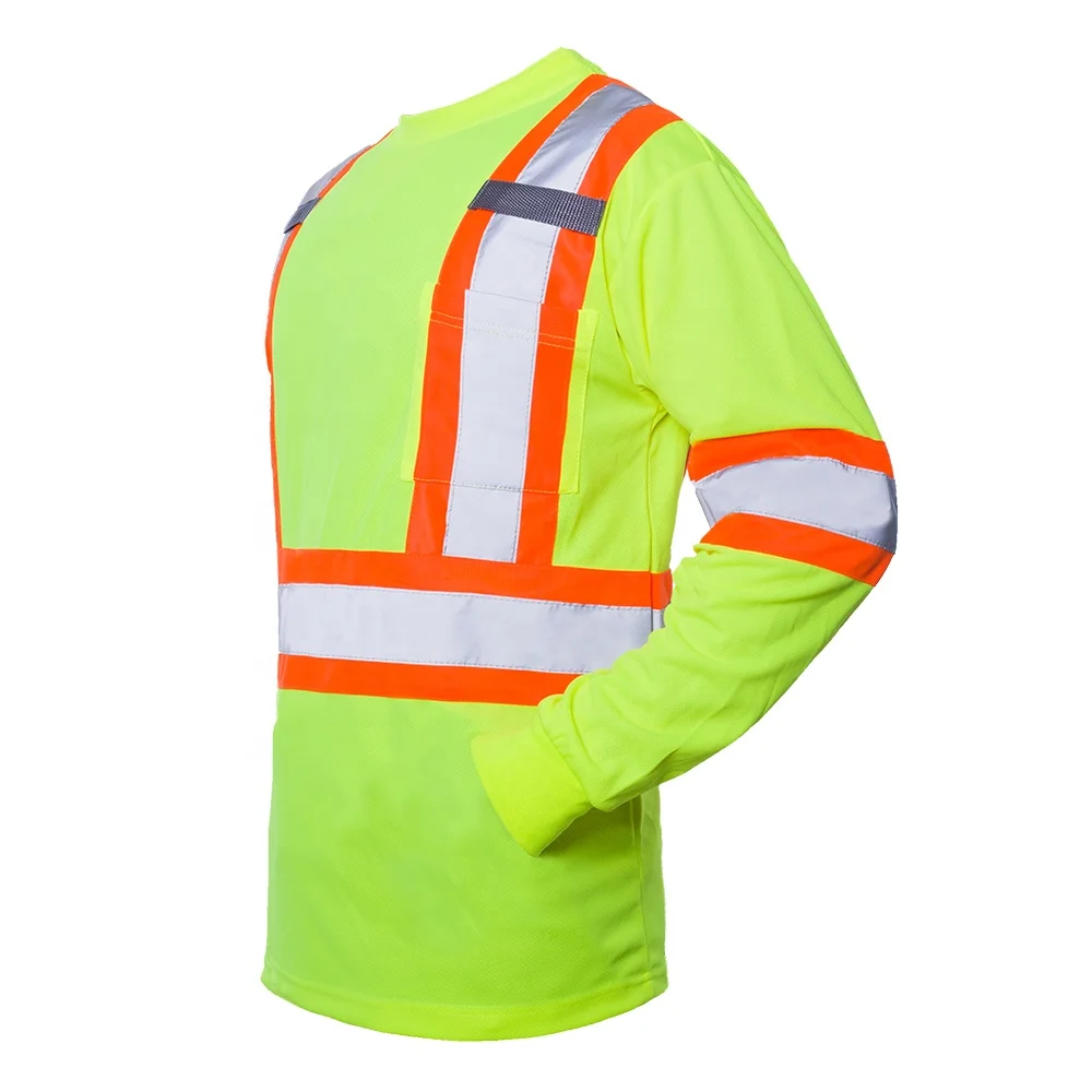ANSI Class 2 High Visibility Yellow Work Shirts Long Sleeve Polyester ...