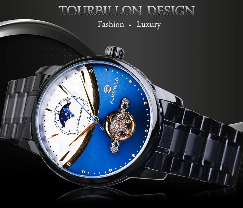 Forsining Automatic Watch Mens Blue Moon Phase Mechanical Watches Black ...