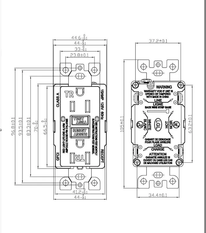 White Smart Duplex Self-Test 125V 20amp TR GFI Socket
