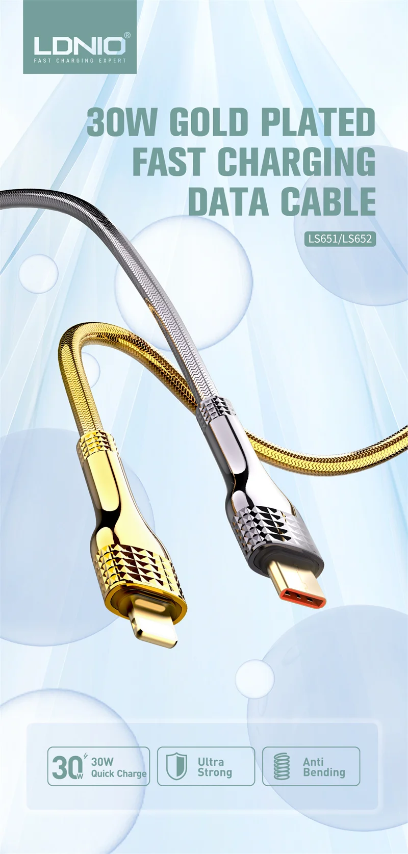 LDNIO LS651 30W Fast Charging USB Cable - Gold Color 1m