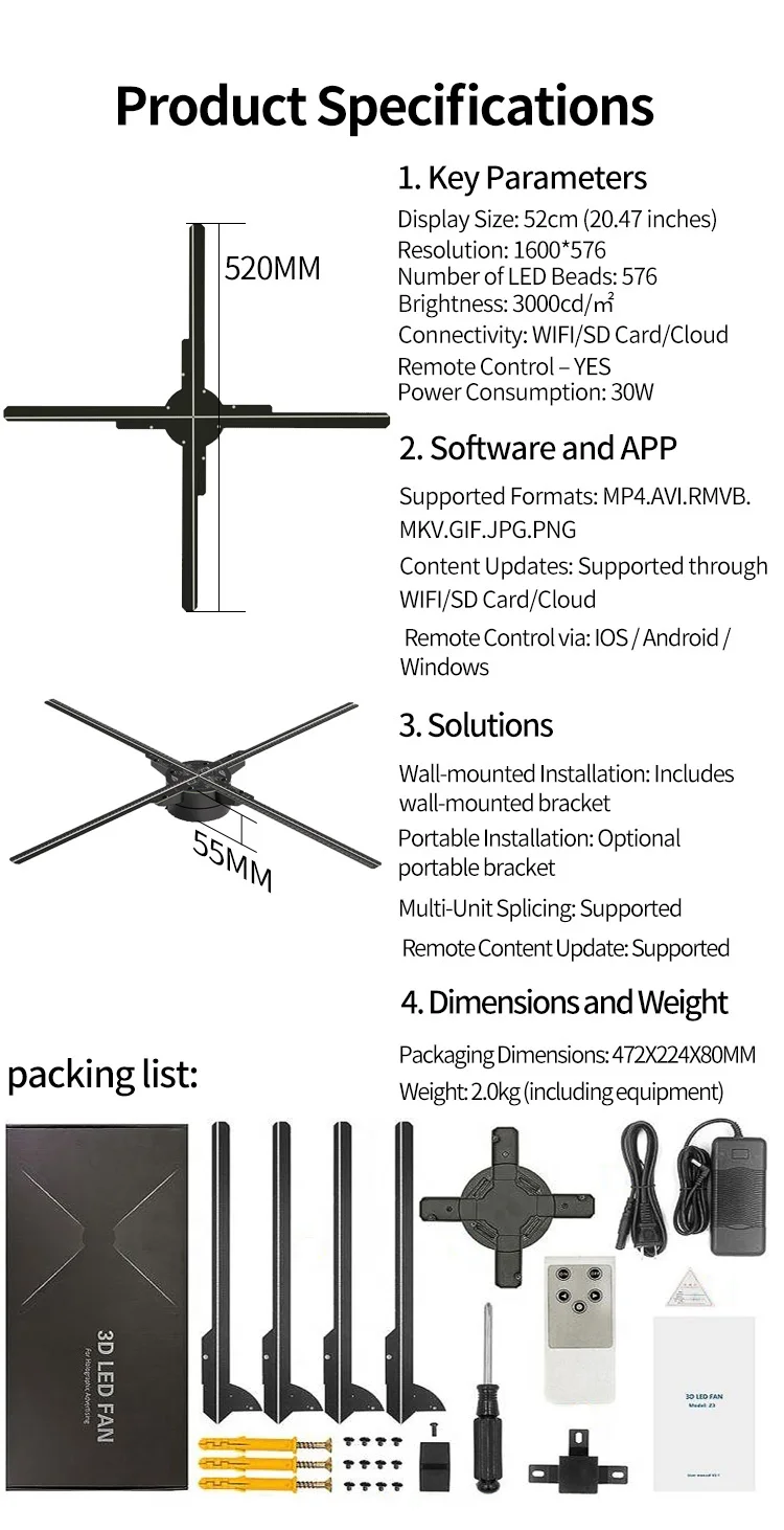 New 2024 3d Hologram Fan Advertising 52cm 4 Blades High Resolution 3d Holographic Advertising ...