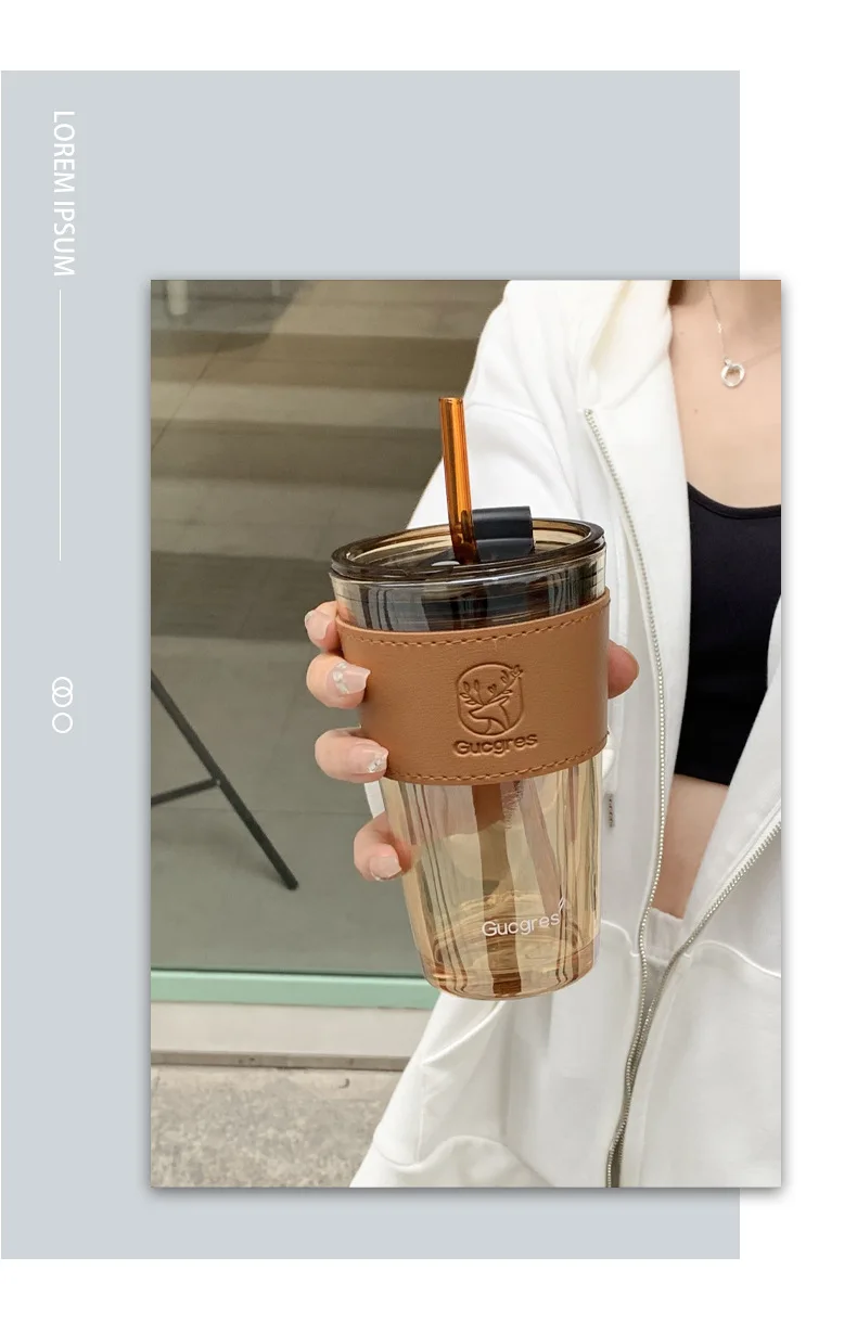 Ins Custom Logo Leather Straw Tumbler 450ml High Quality Glass Tumbler Mug For Student Girl ...