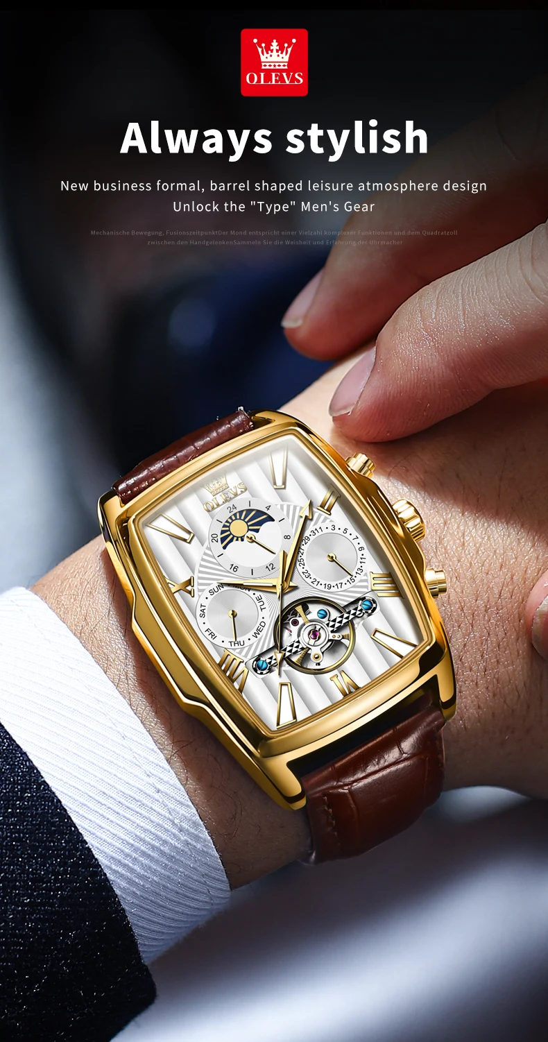 OLVES 6675 Skeleton Moonphase Watch - Luxury & Waterproof