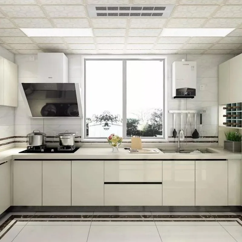 Modern Open Plan High Gloss Beige Kitchen Cabinets with Undermount Sink ...