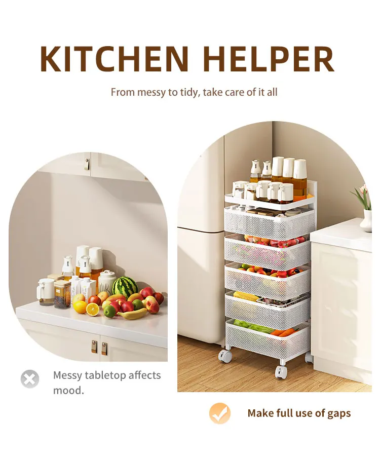 5-tier Metal Rolling Cart Vegetable Rack Kitchen Storage Rack Household ...