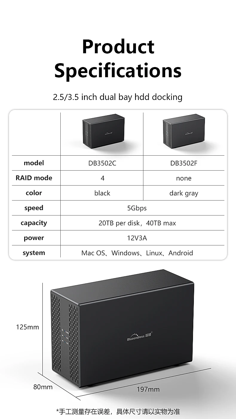 5gbps Dual Bay Raid Enclosure For 2.5"/3.5" Sata Ssd/hdd With Usb-c ...