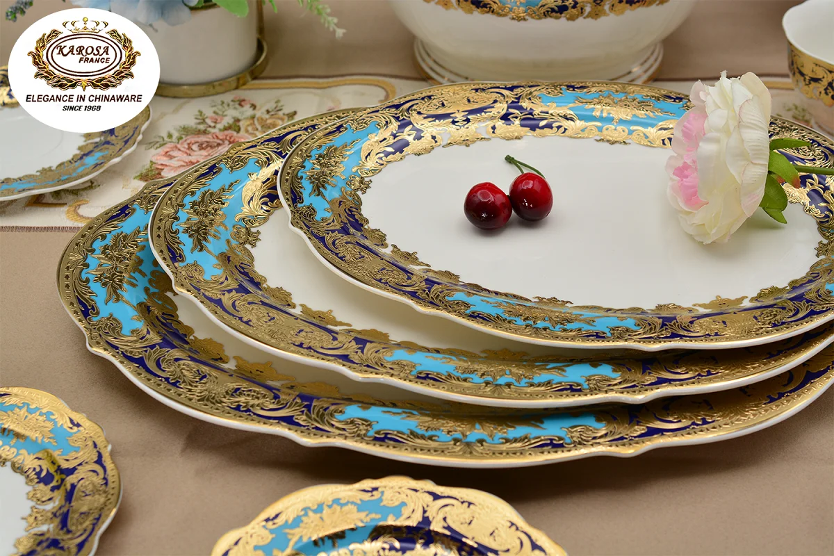 Karosa Design 98 Pcs Bone China Dinnerware Set - Luxury Embossed Gold ...