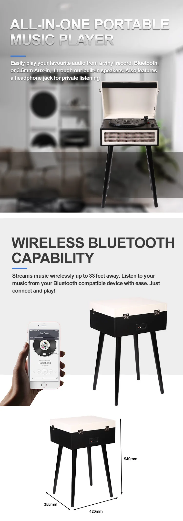 Retro Awesome Sound Turntable Player with Removable Legs