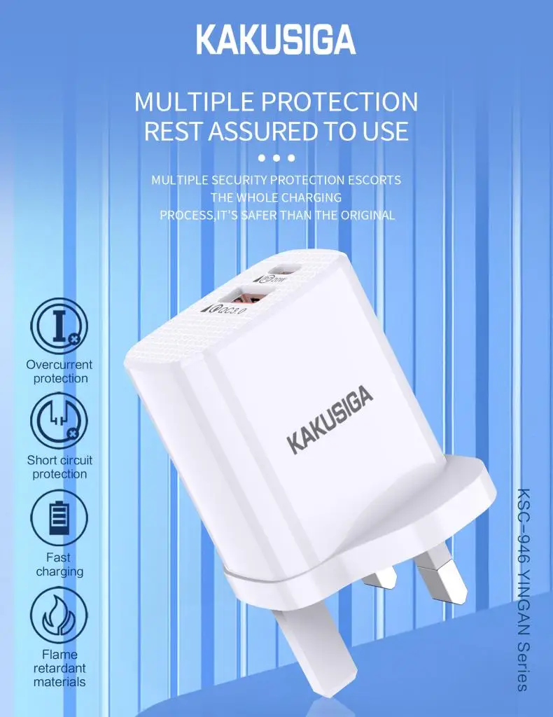 KAKUSIGA PD20W+QC18 Dual Port Smart Charger - Intelligent & Durable