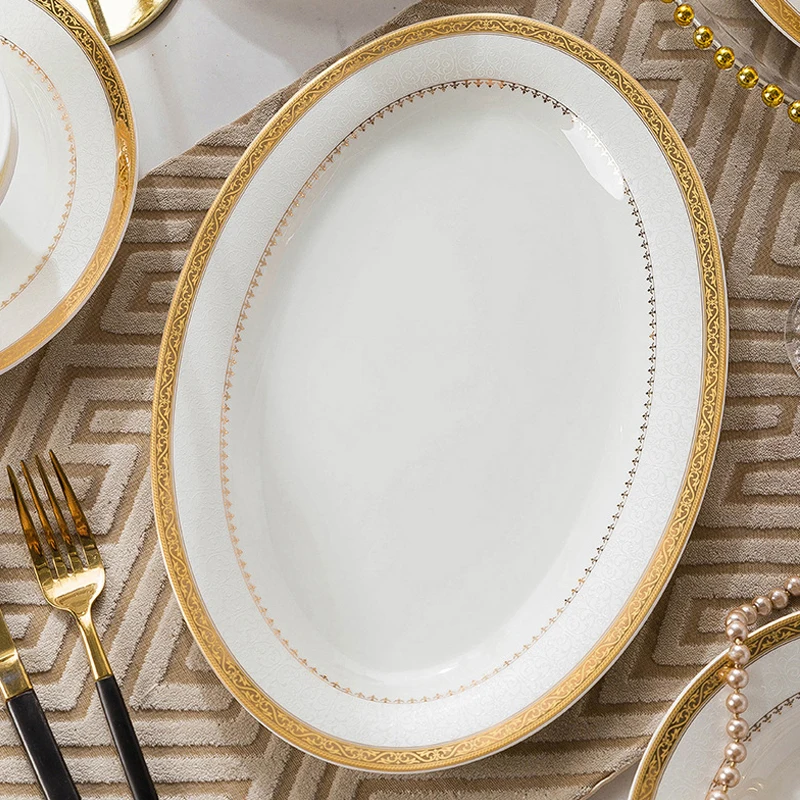57 Pcs Gold Rim Bone China Porcelain Dinner Plate Set Dinnerware Sets ...