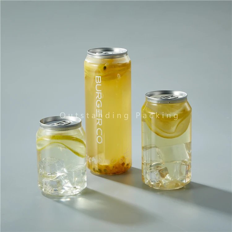 202# Soda Can PET Plastic Clear Beverage Cans with Easy Open Cap