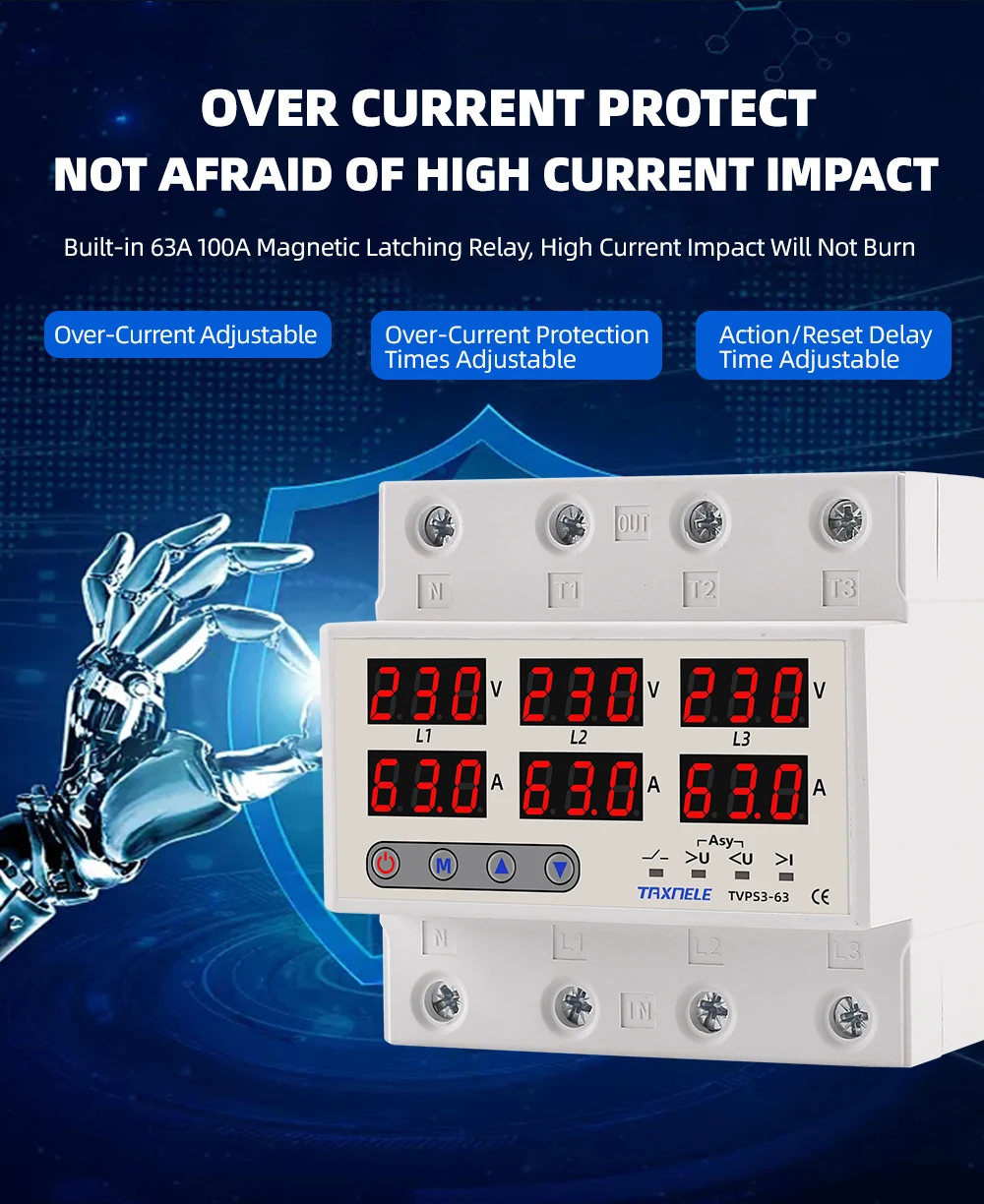 3 Phase Digital Voltage Current Relay Protector 63A 60A