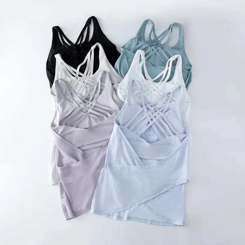 2 In 1 Yoga Bra Top Sets Fitness Crossed Open Back Women Tank Tops Yoga ...