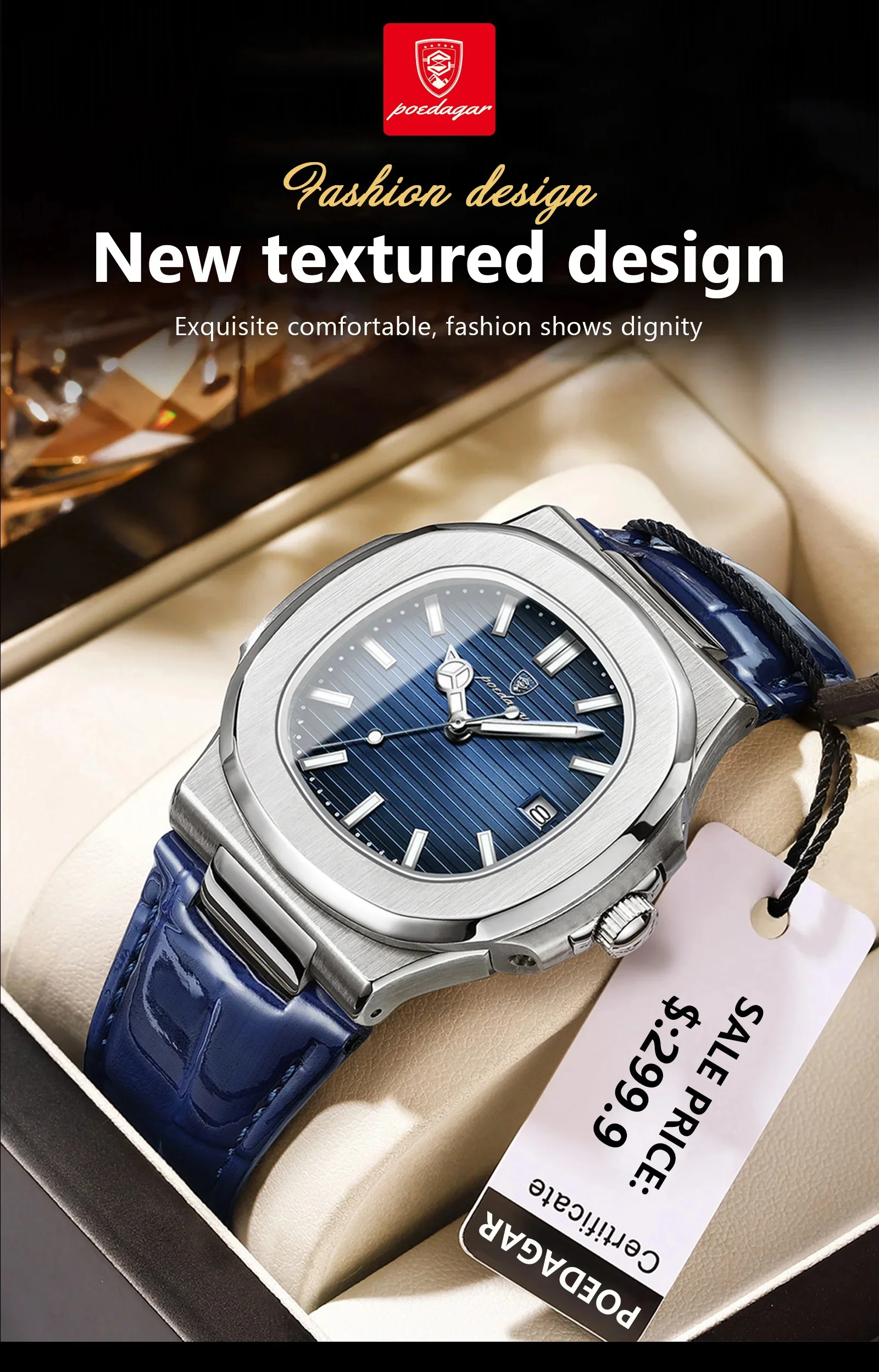 POEDAGAR 613 Luxury Fashion Leather Strap Watch for Men