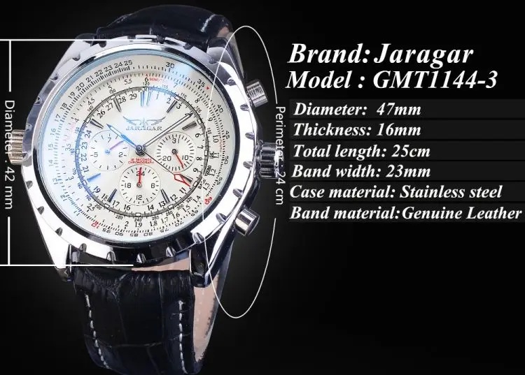 JARAGAR GMT1144 - Luxury Men's Mechanical Watch with Leather Strap