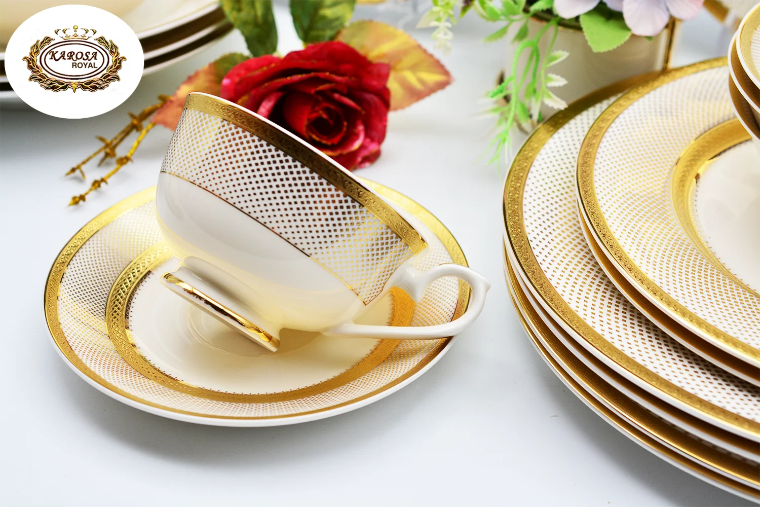 KAROSA ROYAL Hi 98pcs Gh Quality Embossed Pure Gold Dinner Set