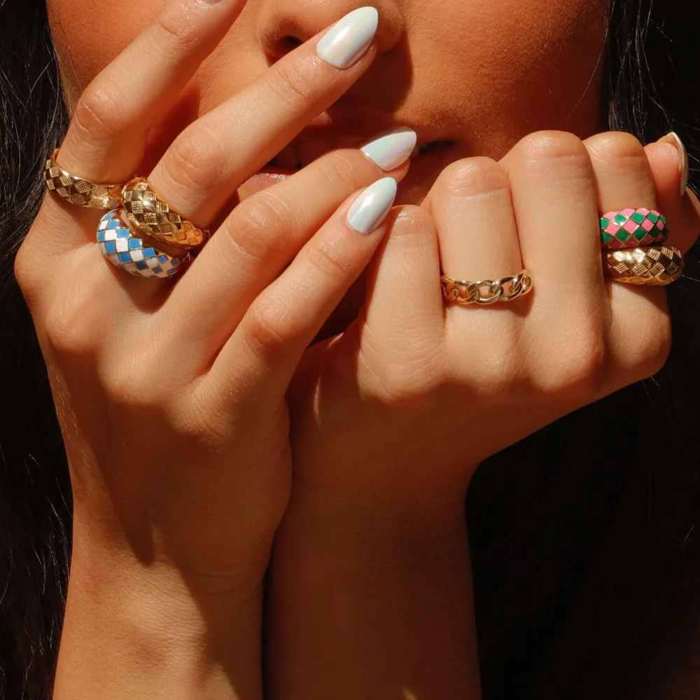 Checker Heart Vintage Tarnish Free Stainless Steel Ring Black And White Enamel Gold Checkered ...