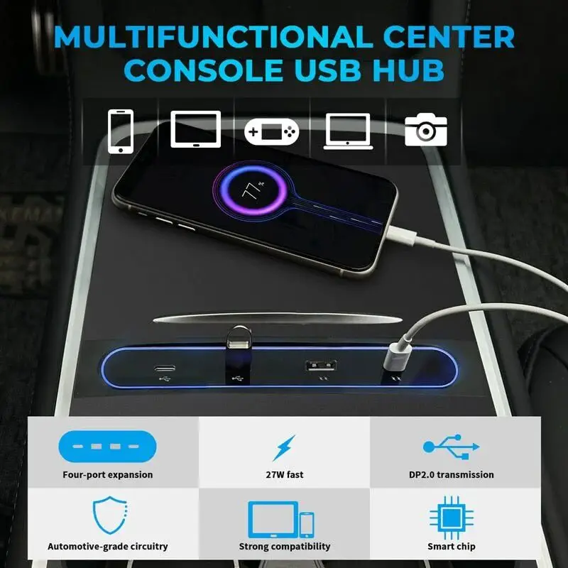 Car Center Console Docking Station 27w Usb Docking Station For Tesla ...