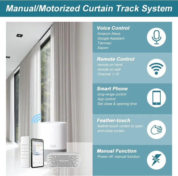 Aluminum Ceiling Mount Electric Ripple Fold Smart Double Track Curtain ...