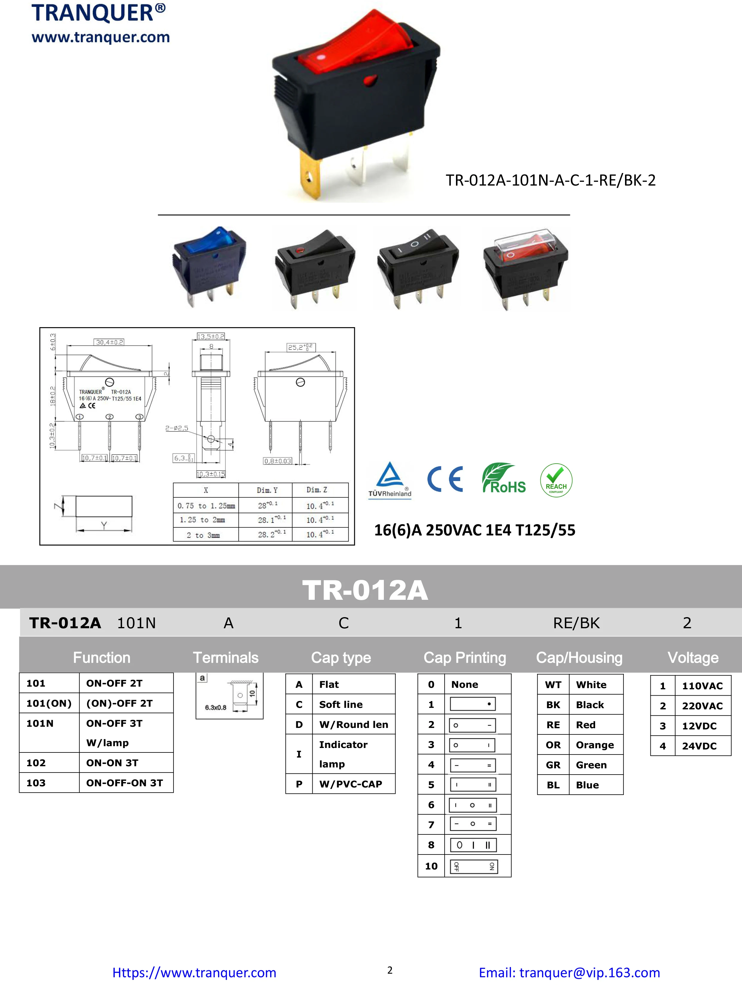 3PIN Single Pole SPDT Rocker Switch T125 16A 250VAC Rocker Switch ...