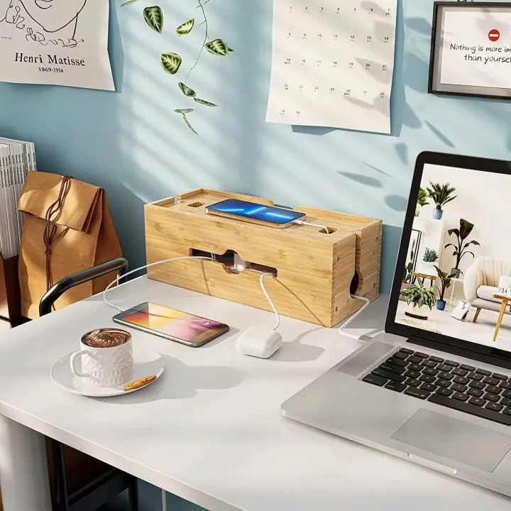 Bamboo Wooden Power Strip & Charging Cable Storage Box Electric Wires ...