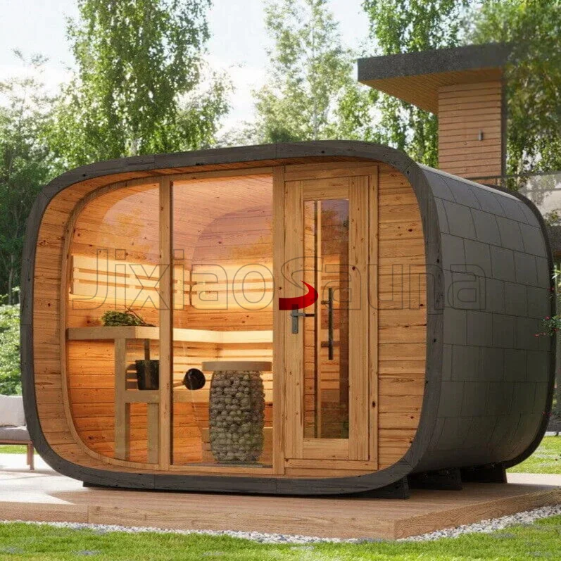 Curved Wooden Sauna Room with Large Windows | Contemporary Outdoor ...