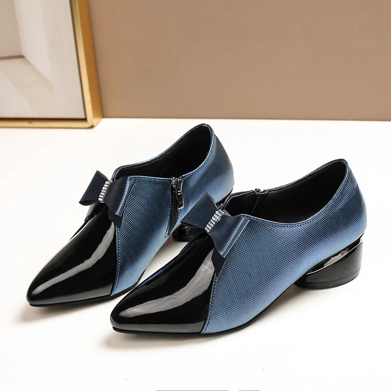 Pointed bow thick heel small leather shoes, spring and autumn new side ...