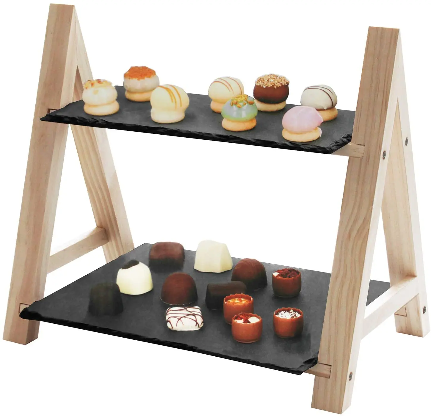 2 Tier Acacia Wood Frame Serving Rack With Two Slate Plates Foldable ...