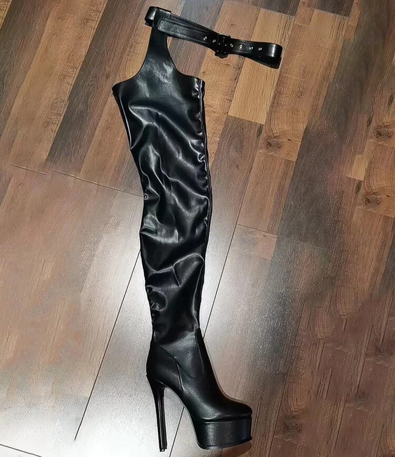 Stiletto Stretch Leather Pant Boots - Skintight Thigh High