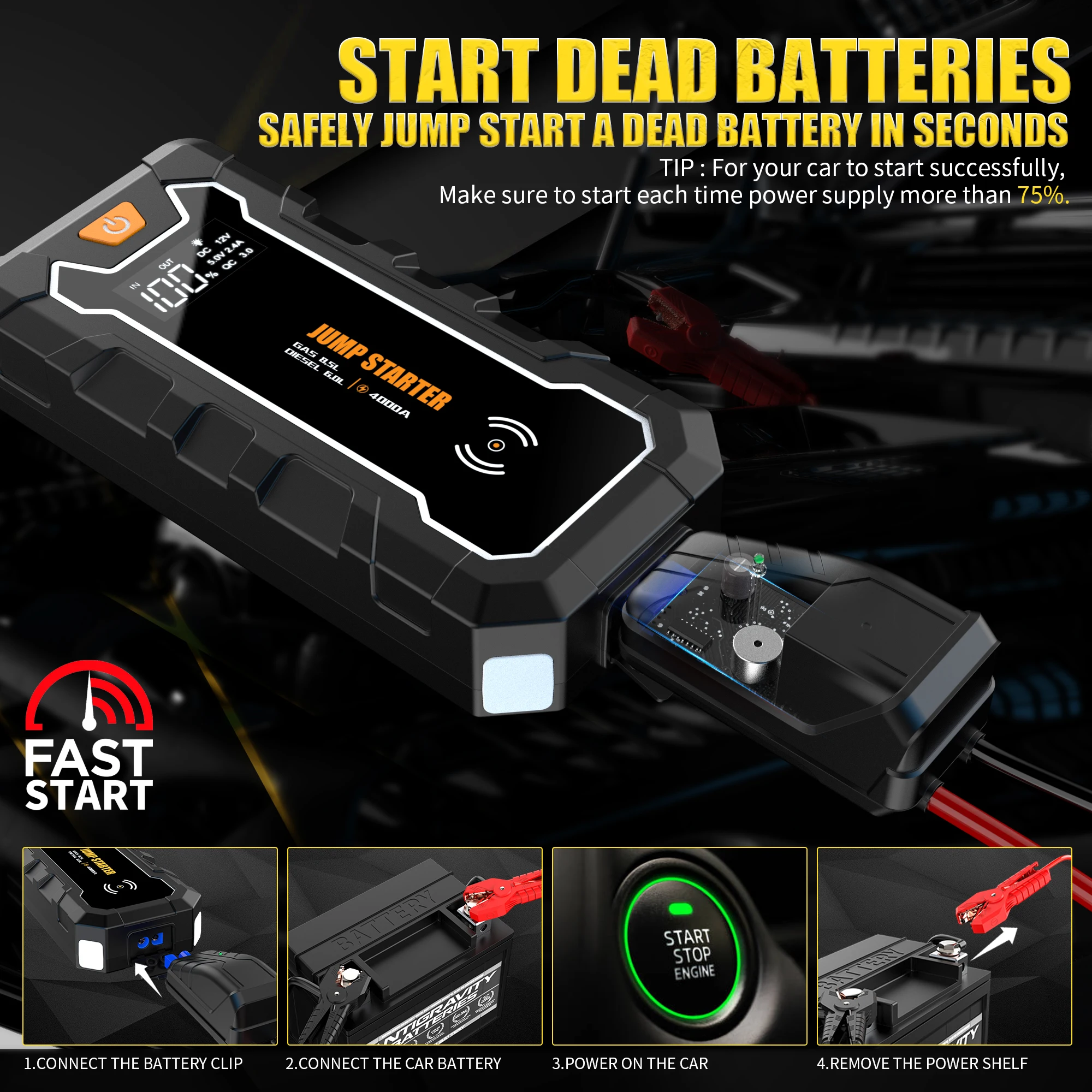 New 12v Emergency Vehicle Tools Portable Power Bank Wireless Charger Car Jump Starter - Buy Jump ...