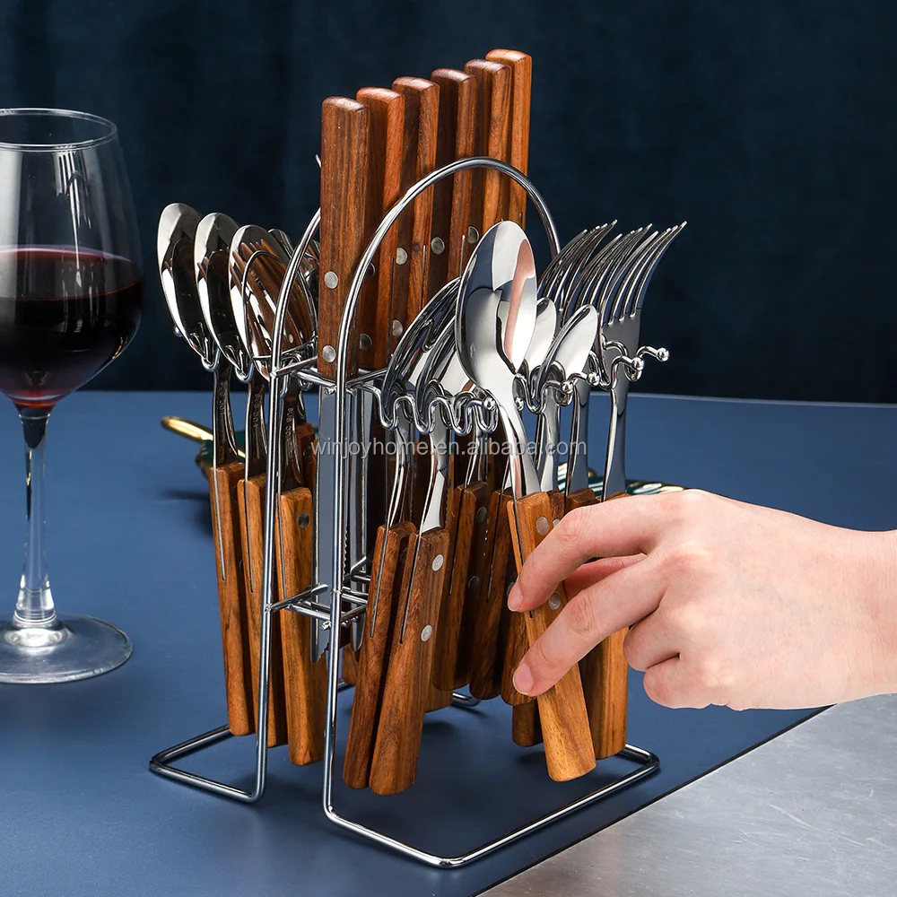 24 Piece Hanging Flatware Set With Rack,Dinner Knife Fork Spoon Stain ...