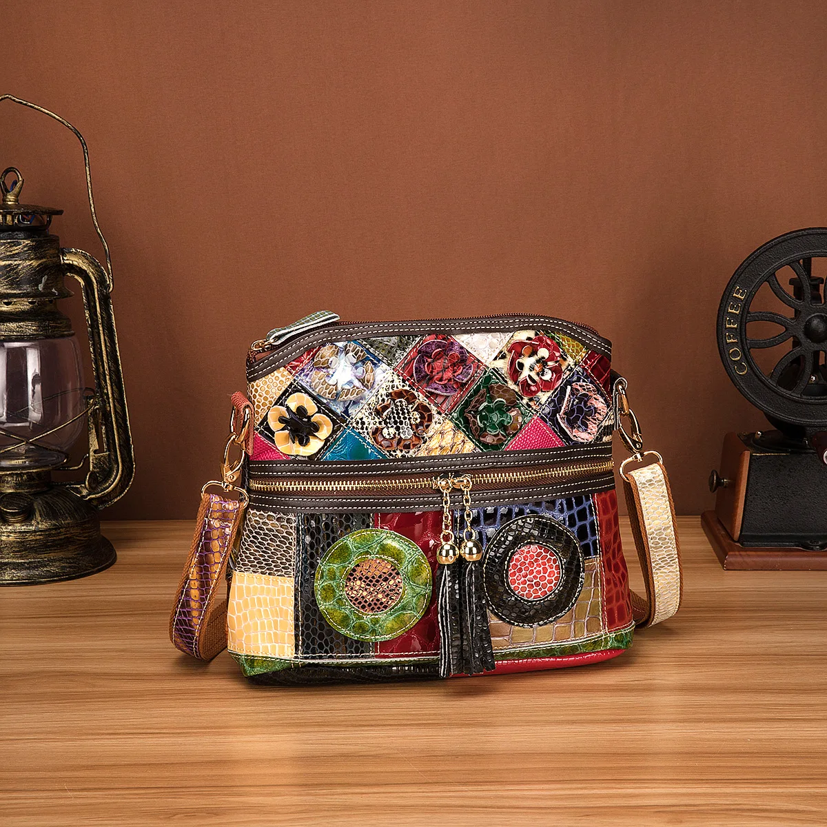 Retro Women Crossbody Bag - Genuine Leather & Colorful Flowers